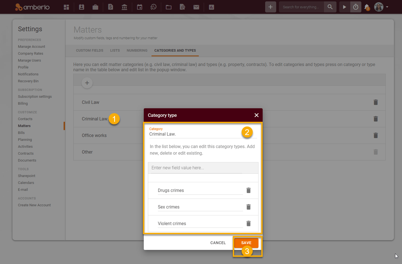 How to Add, Remove or Edit Matters Categories and Types?
